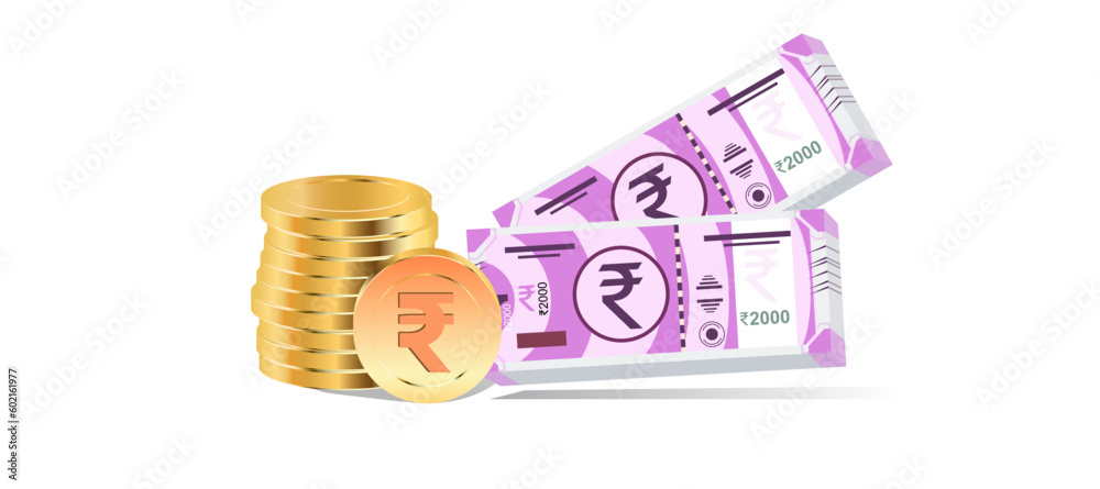 Indian rupee icon with gold and note style vector symbol. Rupee ...