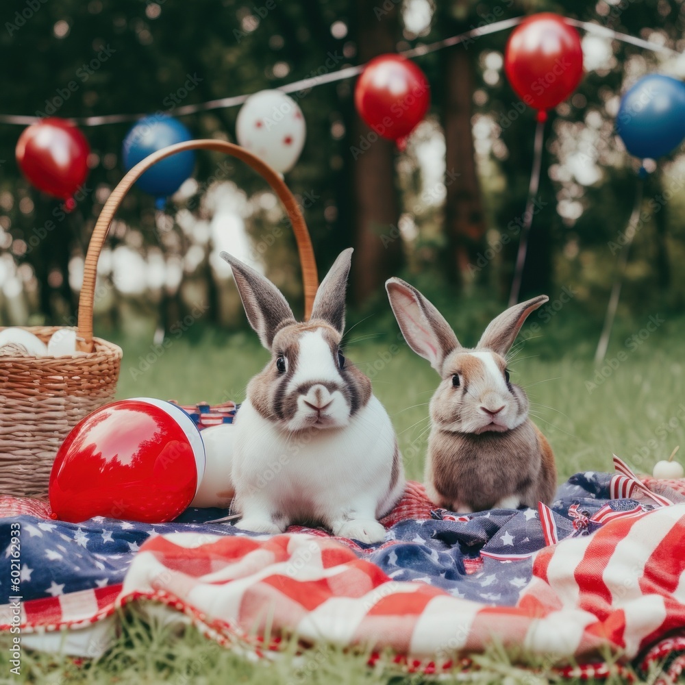 A family of US patriotic rabbits celebrating the Independence Day at ...