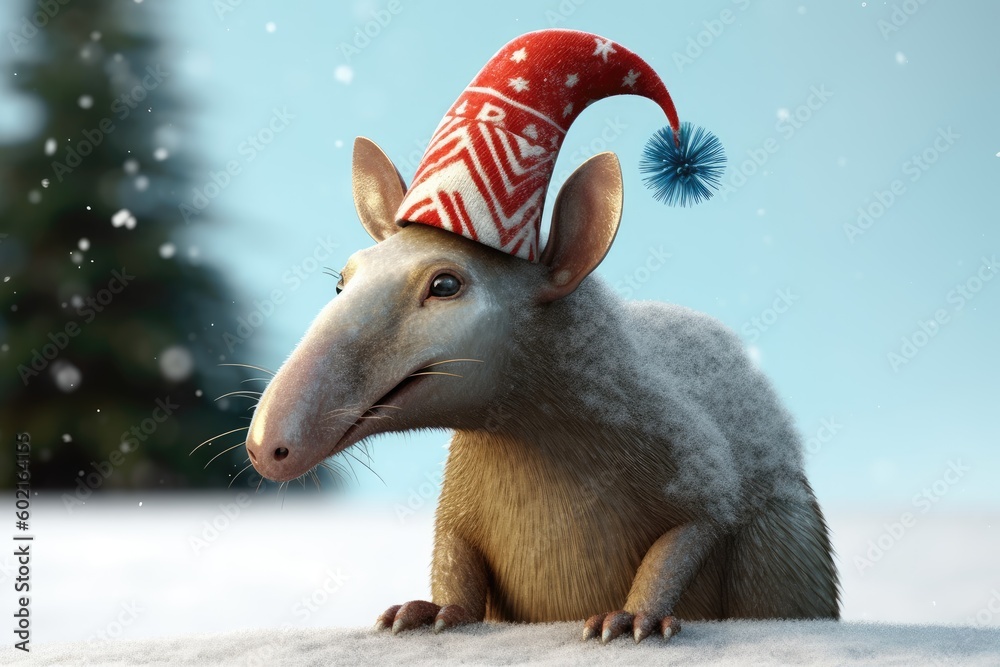 Aardvark or Orycteropus with christmas hat, burrowing, nocturnal mammal ...
