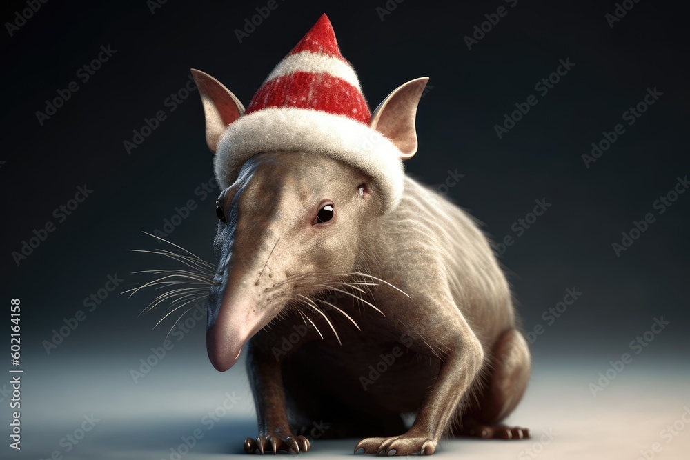 Aardvark or Orycteropus with christmas hat, burrowing, nocturnal mammal ...