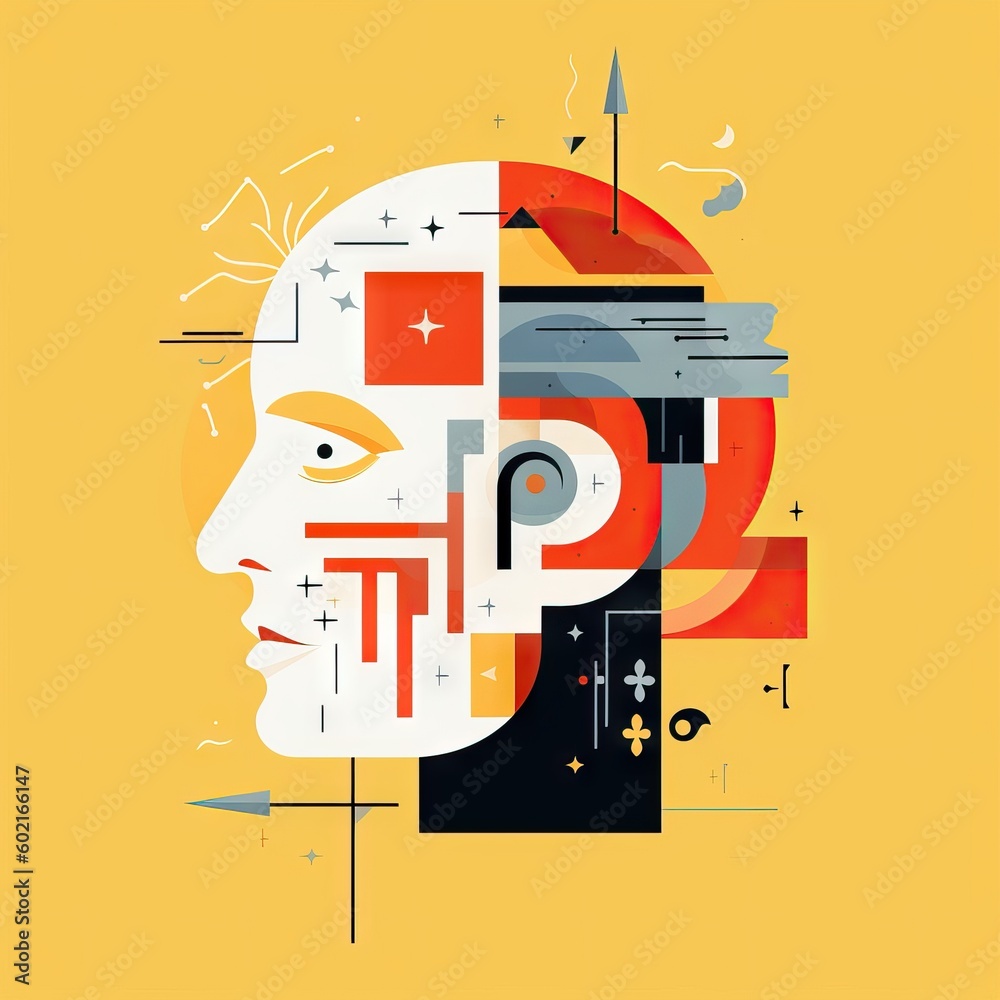 Illustrative side image of man's head with a complex network of ...