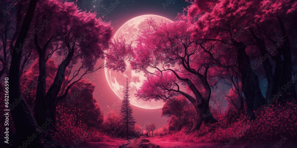 Fantasy pink forest with tall trees in full moon night. superlative ...