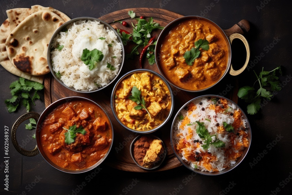 Indian ethnic food buffet on white concrete table from above: curry ...