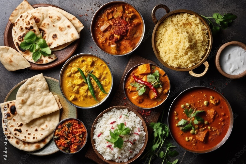 Indian ethnic food buffet on white concrete table from above: curry ...