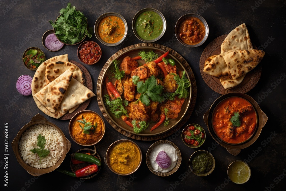 Indian ethnic food buffet on white concrete table from above: curry ...