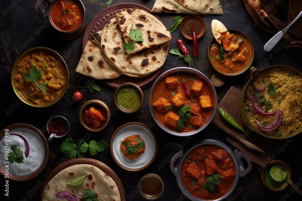 Indian ethnic food buffet on white concrete table from above: curry ...