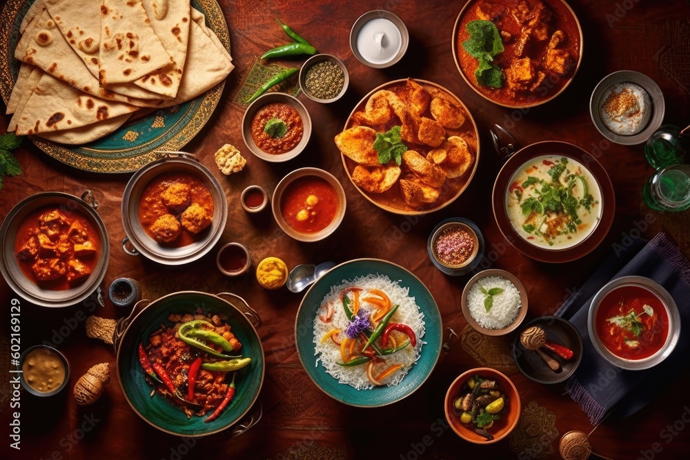 ภาพประกอบสต็อก Indian ethnic food buffet on white concrete table from ...