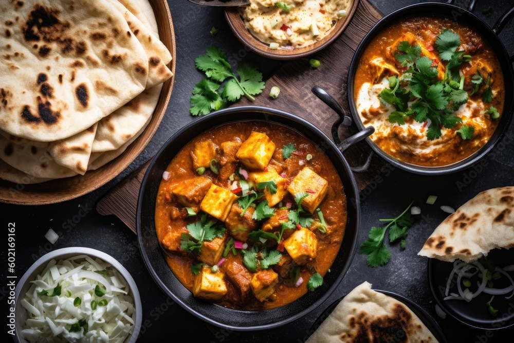 Indian ethnic food buffet on white concrete table from above: curry ...