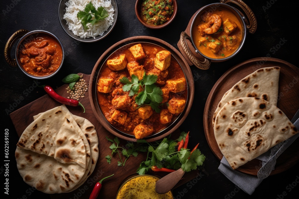 Indian ethnic food buffet on white concrete table from above: curry ...