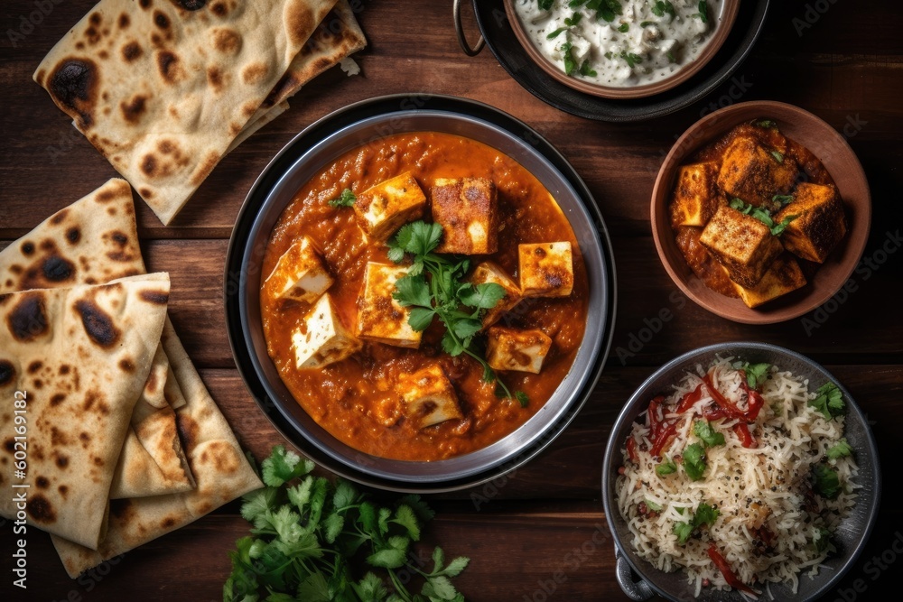 Indian ethnic food buffet on white concrete table from above: curry ...