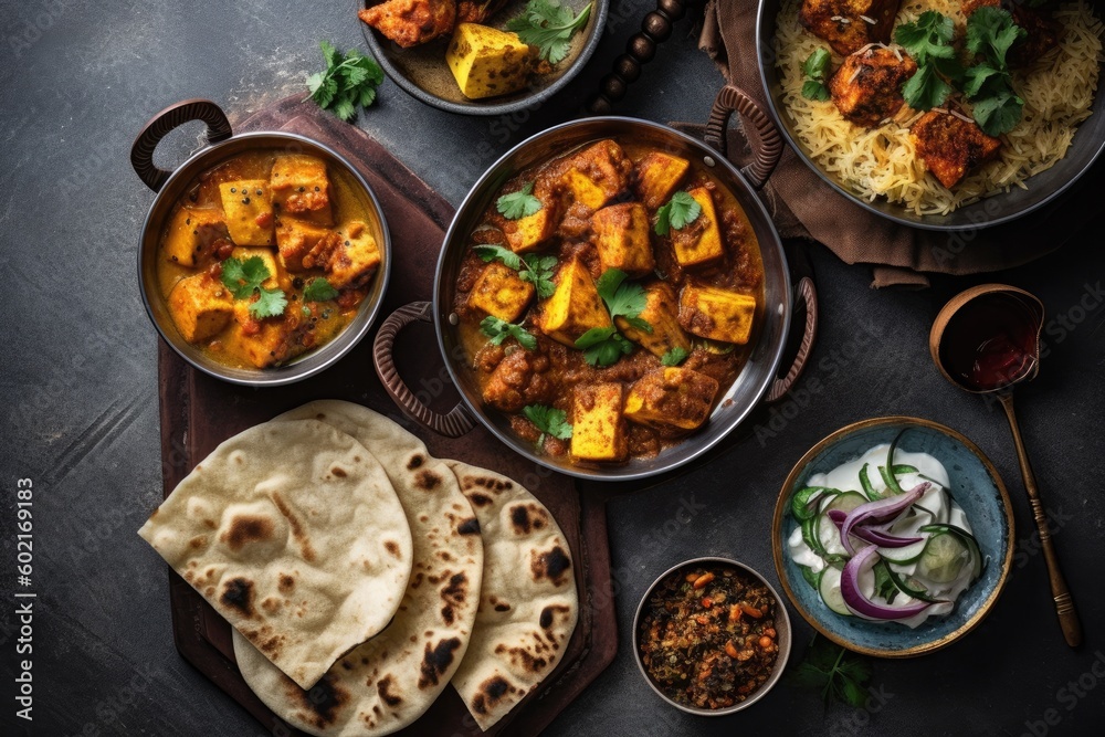 Indian ethnic food buffet on white concrete table from above: curry ...