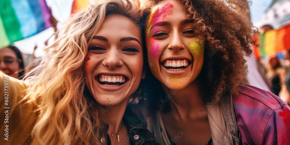 young female gay lesbian happy couple taking a selfie on a LGBTQ pride ...