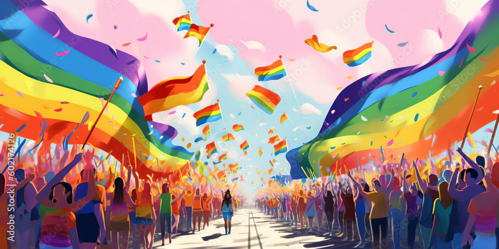 LGBTQ pride month parade minimalist illustration, people waving rainbow ...
