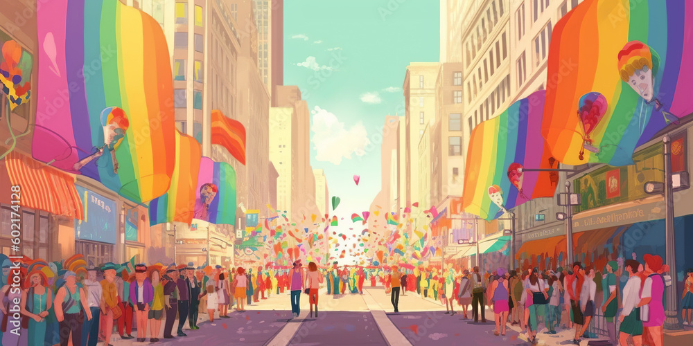 LGBTQ pride month parade retro propaganda style illustration, people ...