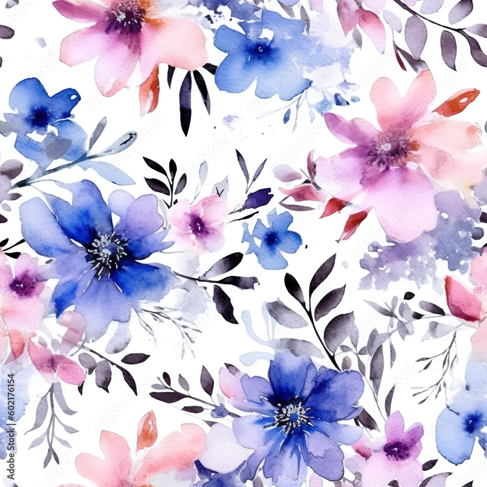 A watercolor painting of purple and pink flowers on a white backdrop ...