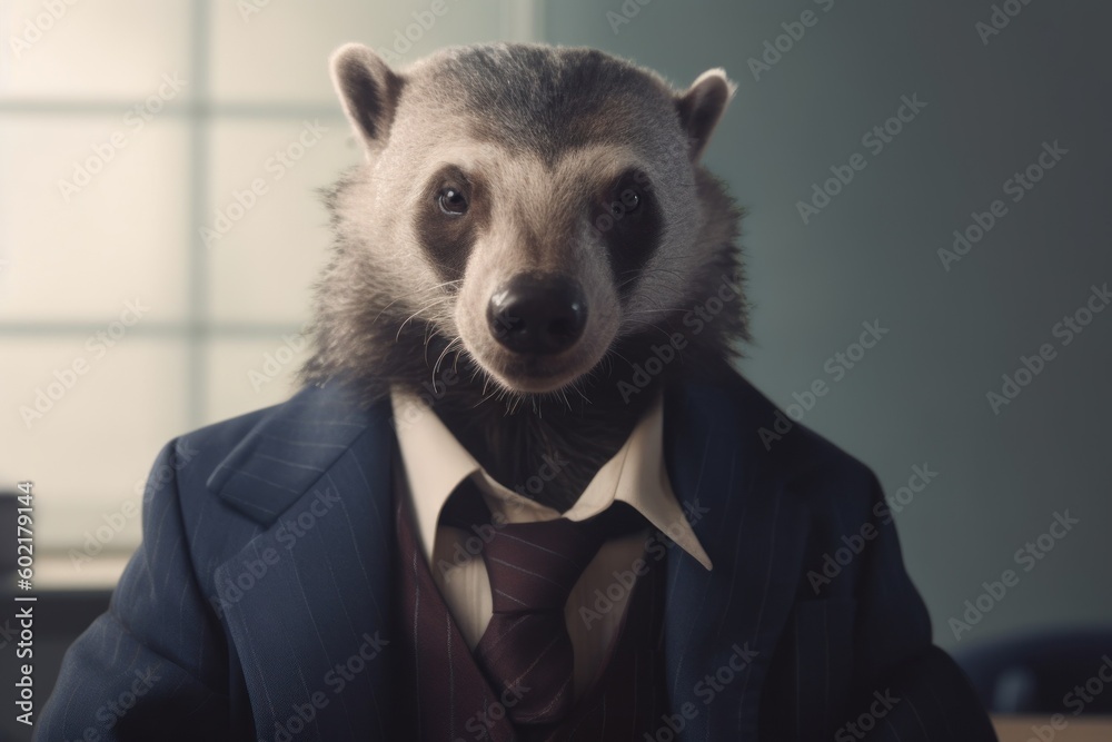 Anthropomorphic honey badger dressed in a suit like a businessman ...