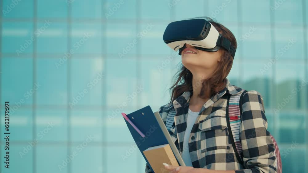 Pretty Student Girl Wearing VR Headsets on Background of University ...
