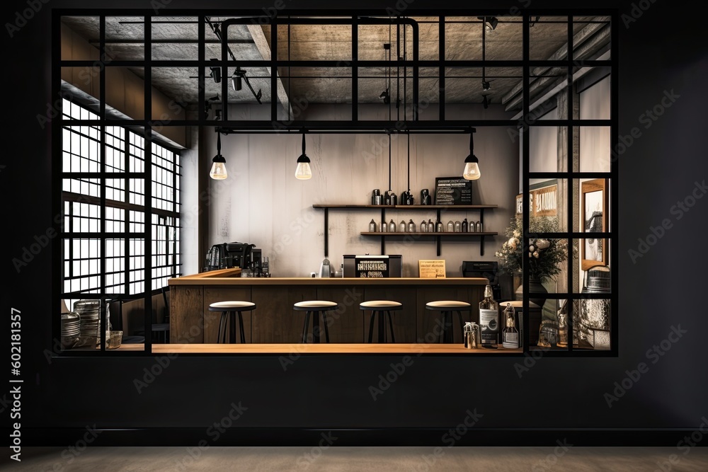 View from the front of a cafe shop, bar, bistro, or restaurant. Modern ...