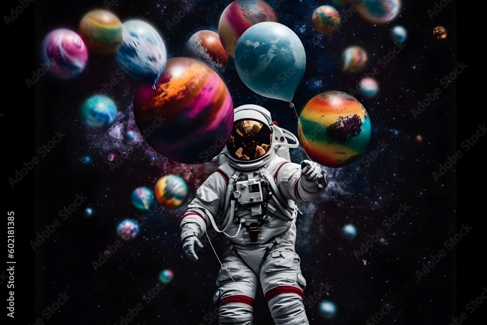 astronaut cartoon floating with balloon planet in space background ...