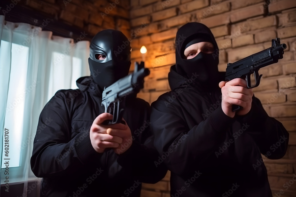 Bank robbery of the century. Criminal man in a hidden mask holding the ...