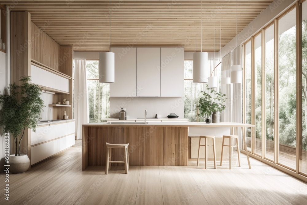 White toned wooden Japandi kitchen. Bamboo wallpaper, a parquet floor ...