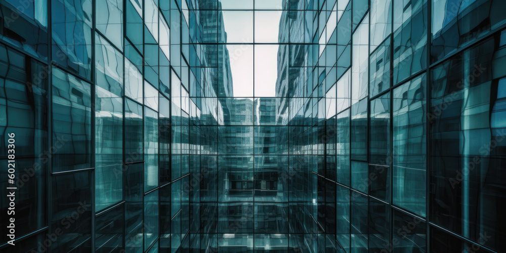 Glass space between buildings of business centers reflecting each other ...