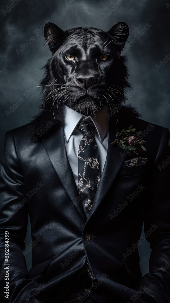 Black panther dressed in an elegant and modern suit with a nice tie ...
