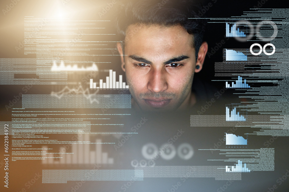 Screen overlay, business man and data analysis of stock market research, graphs or charts ...