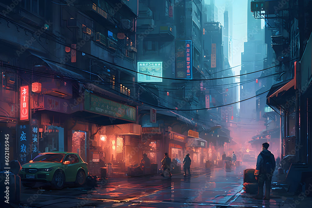 Japanese neon city in synthwave style.cyberpunk futuristic. Neural ...