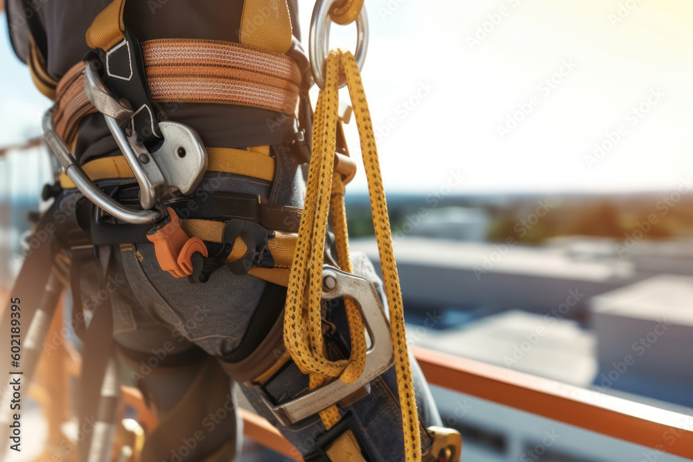 workers up high with safety harness, safety equipment and safety belts ...