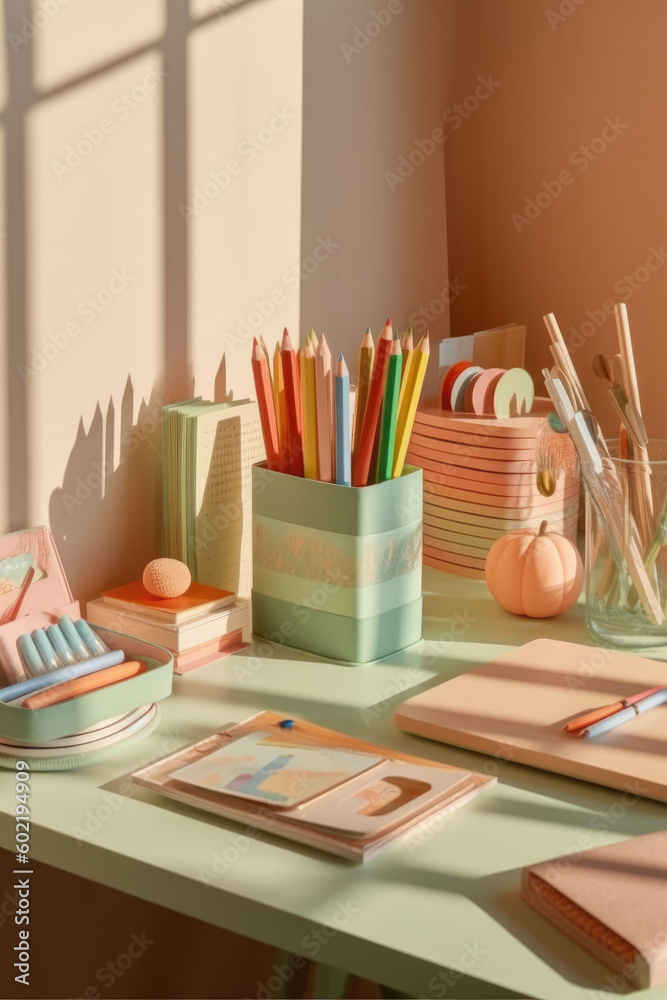 A brightly lit room filled with an array of school objects atop a ...