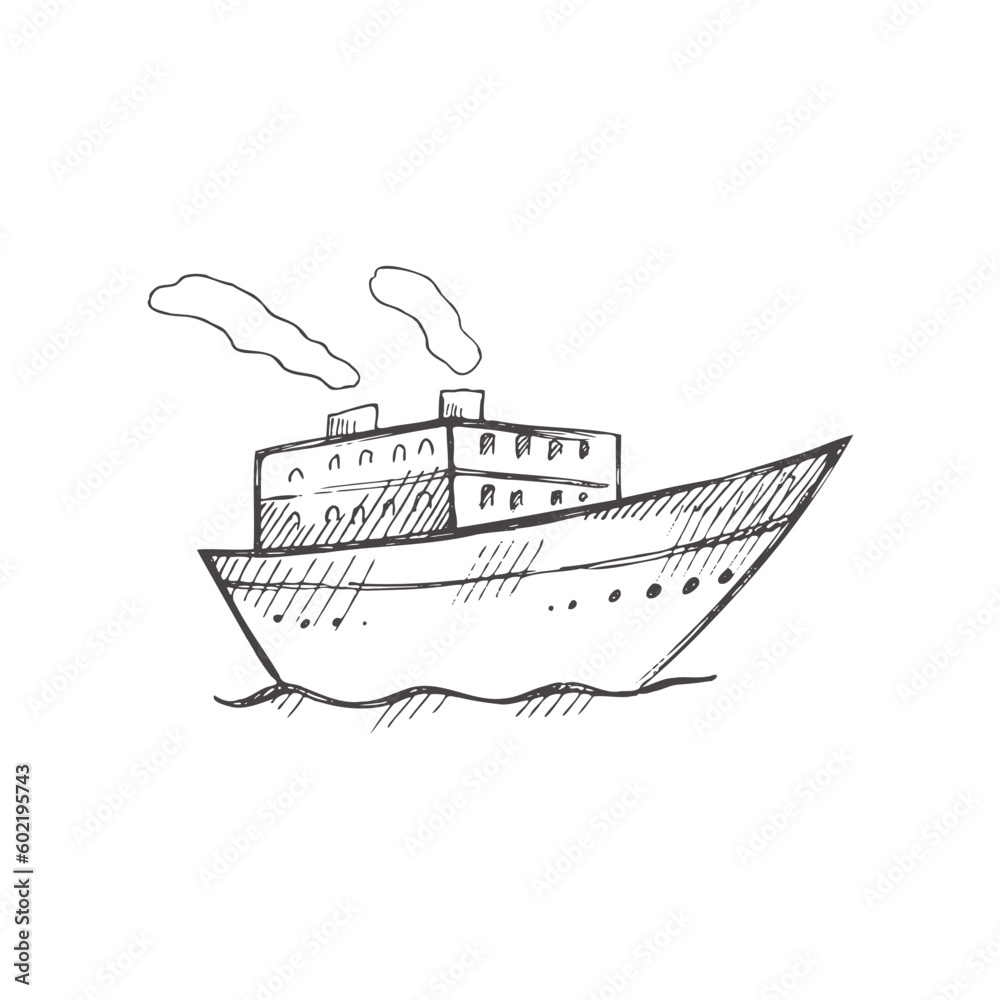 Hand drawn sketch of ship, steamboat, steamship. Vintage vector ...