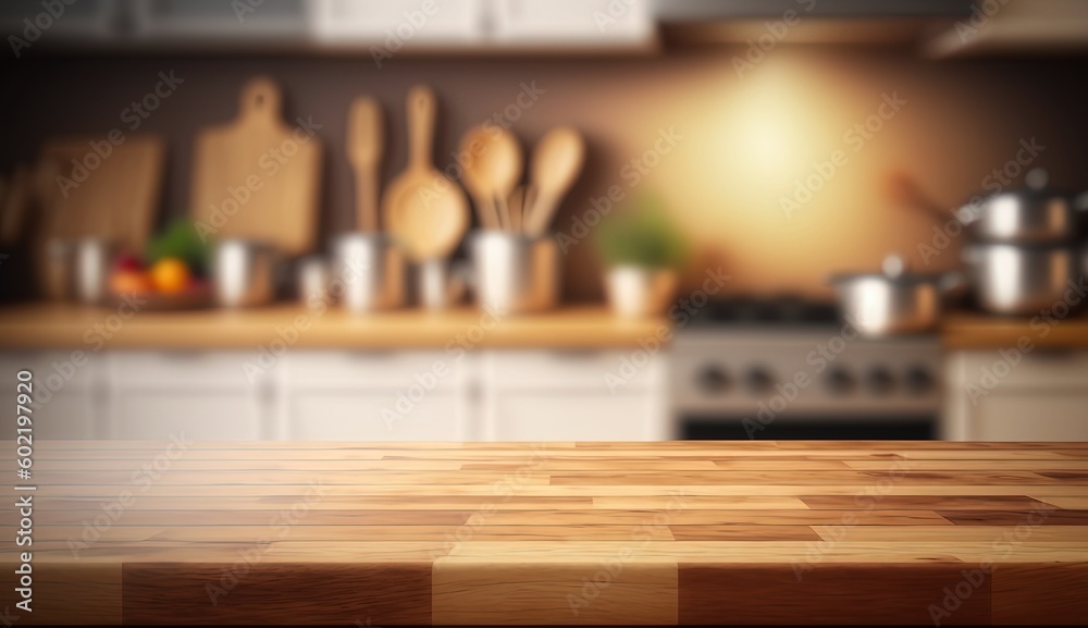 Wood table top on blur kitchen room background.For montage product ...