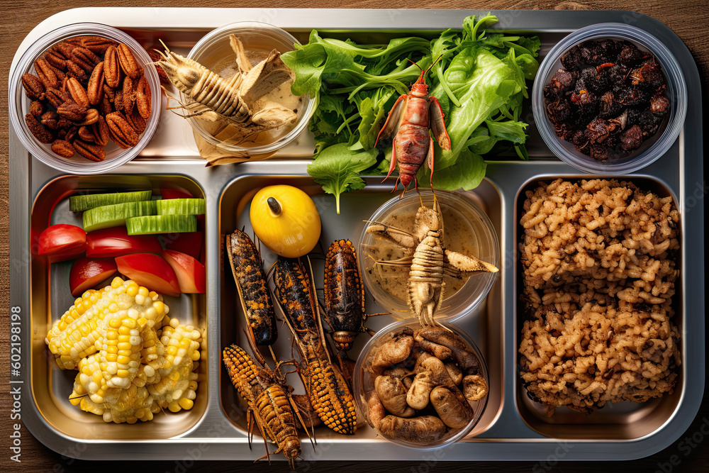 Overhead shot school lunch tray of cooked insects and bugs school food ...