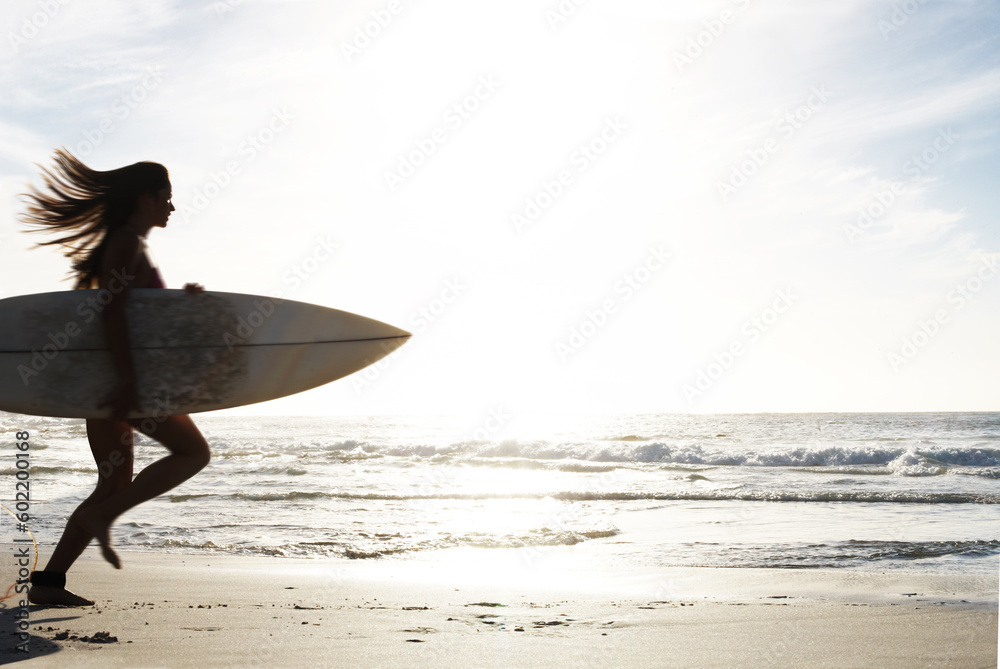 Silhouette, woman surfer run on beach sand and sea, exercise outdoor ...