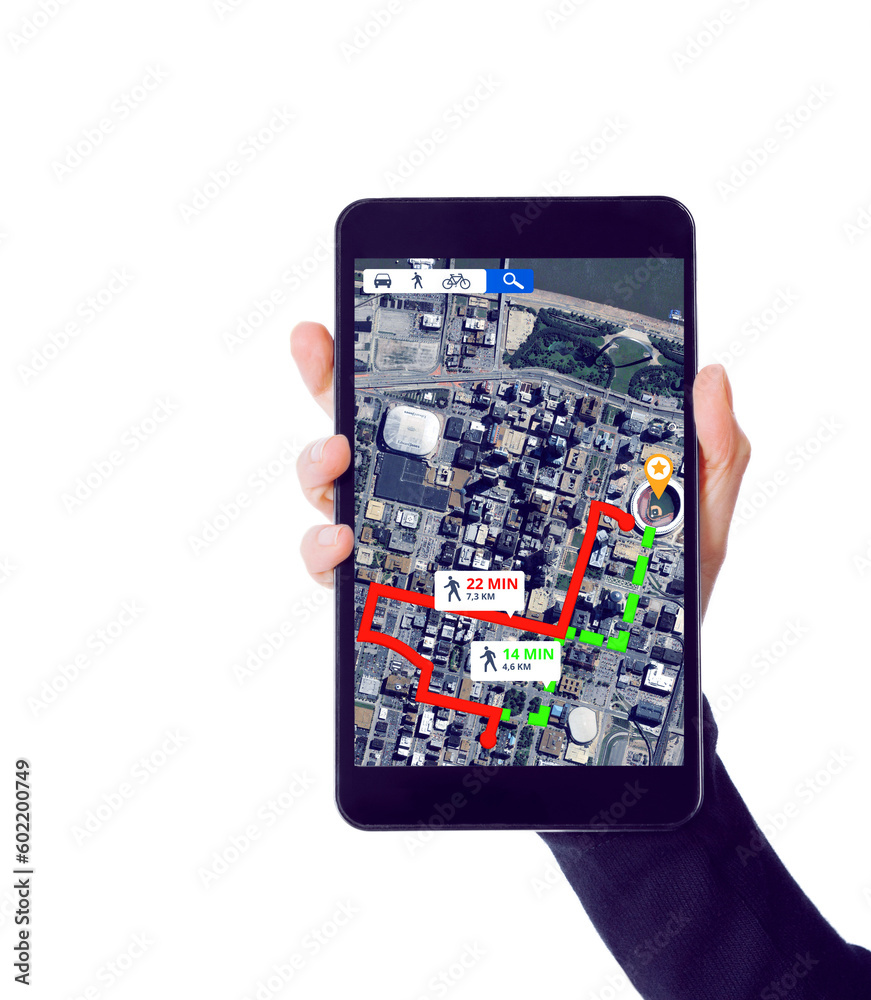 Hands with tablet, screen or direction of location for city travel on ...