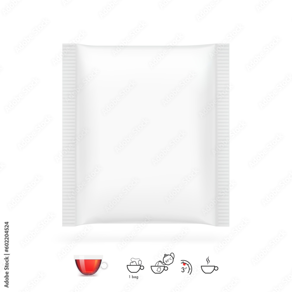 Realistic tea sachet mockup set. Front view. Vector illustration ...