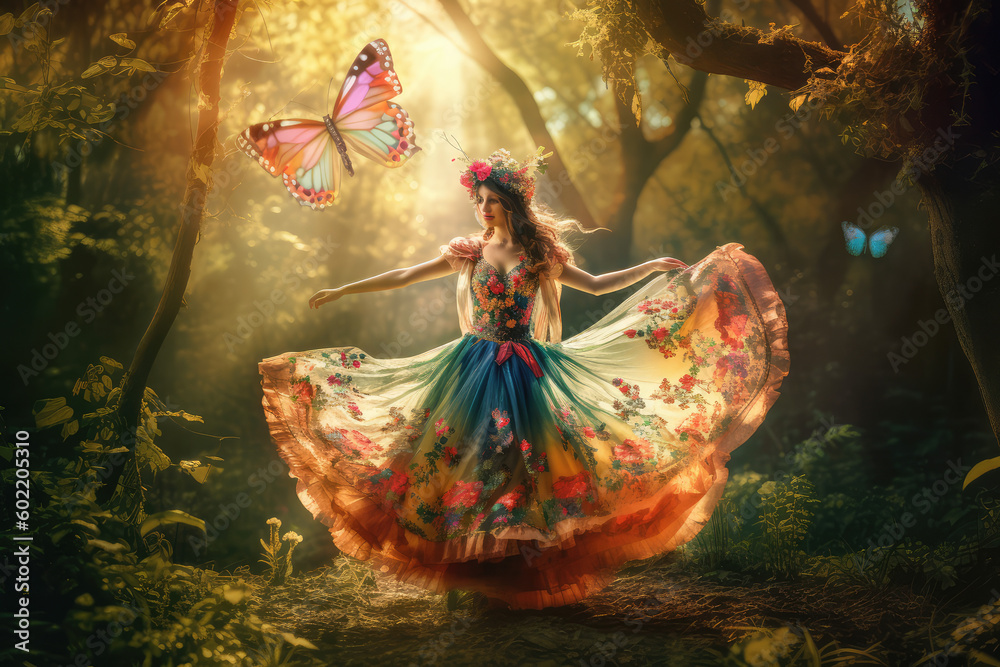colorful magical dancing fairy in enchanted fantasy forest, generative ...