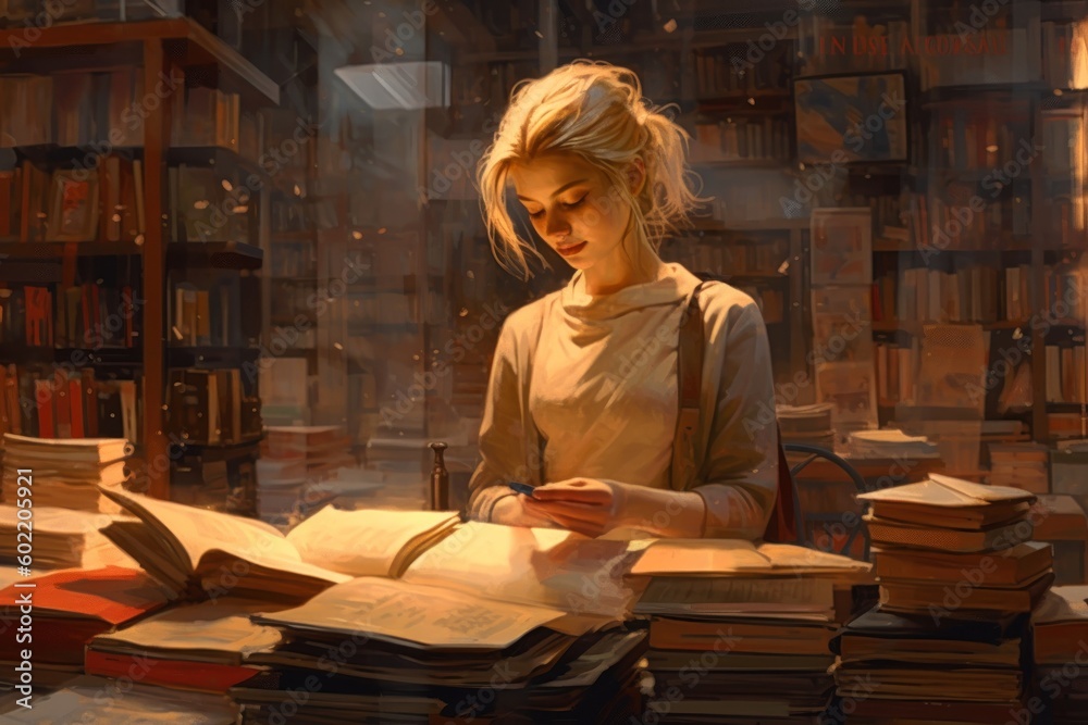 woman bookstore reading book library lighting young blonde girl trying ...