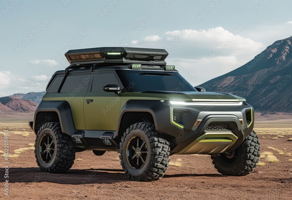 fully autonomous oversized green high closeup vehicle desert area movie ...
