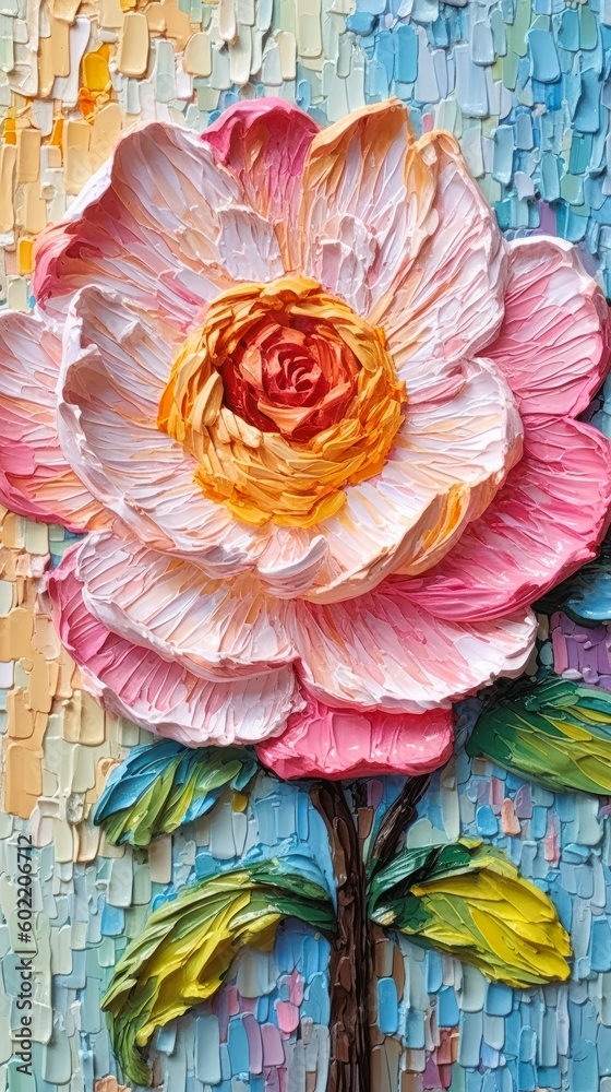 cute thick impasto peony flower background tree torn paper texture ...