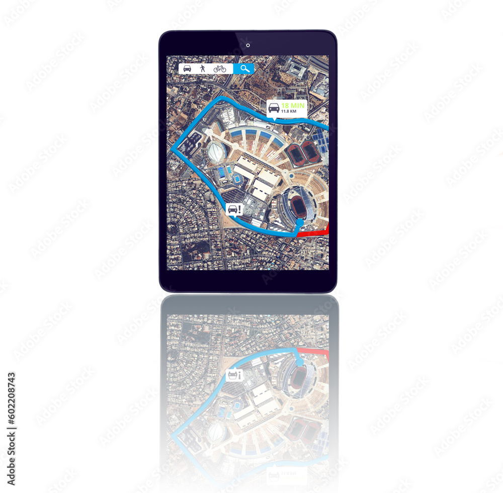 Tablet, online or location to travel on digital global road maps or ...