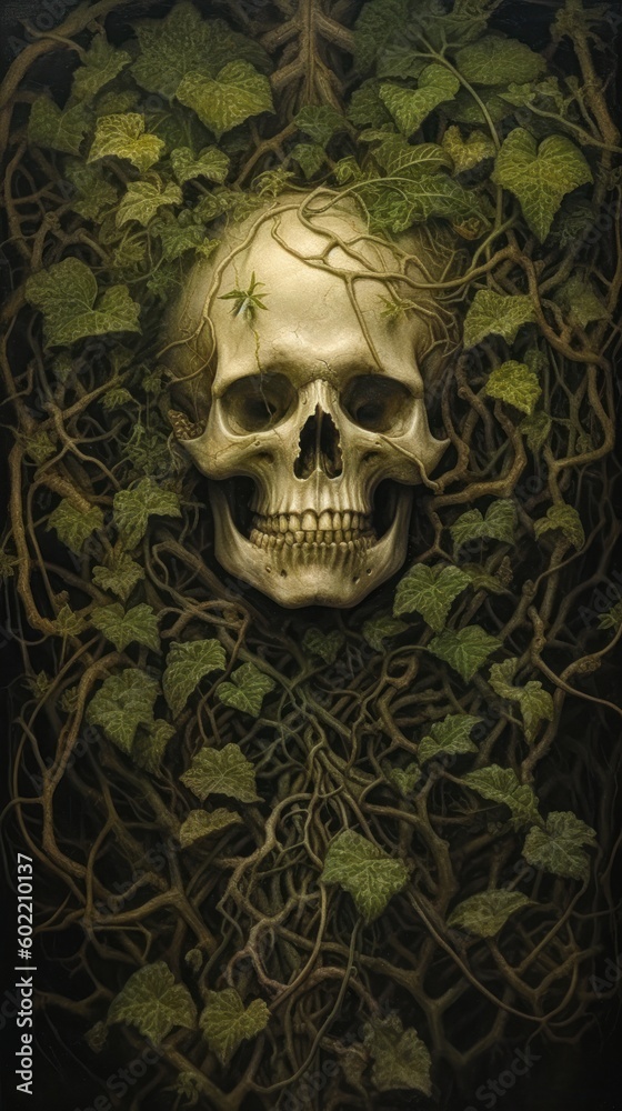 green ivy skull roots open mouth vines growing illustration portrait ...