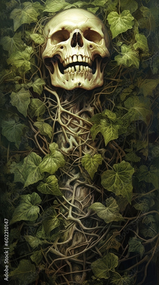 green ivy skull roots open mouth vines surrounding wide evil grin ...