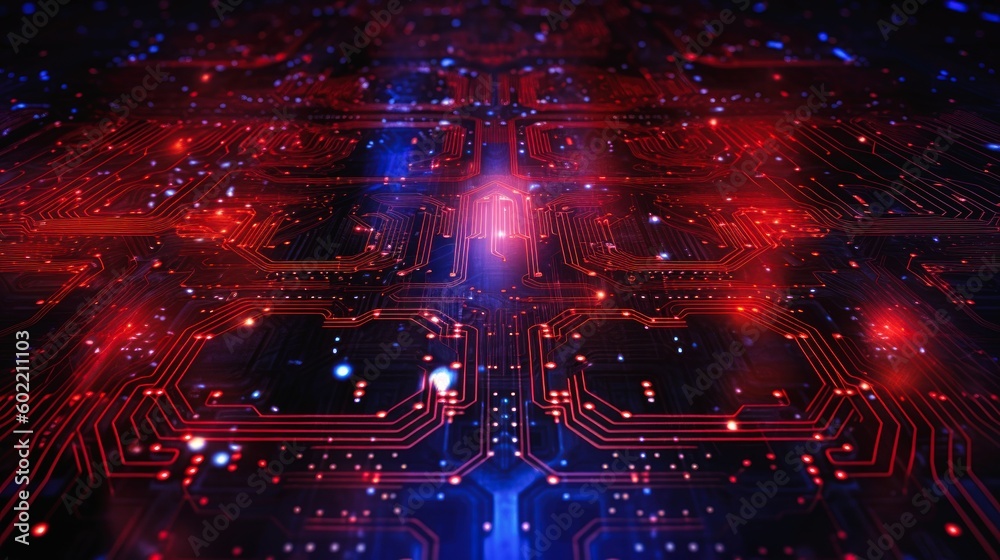 technology circuit board background red light bluish closeup computer ...
