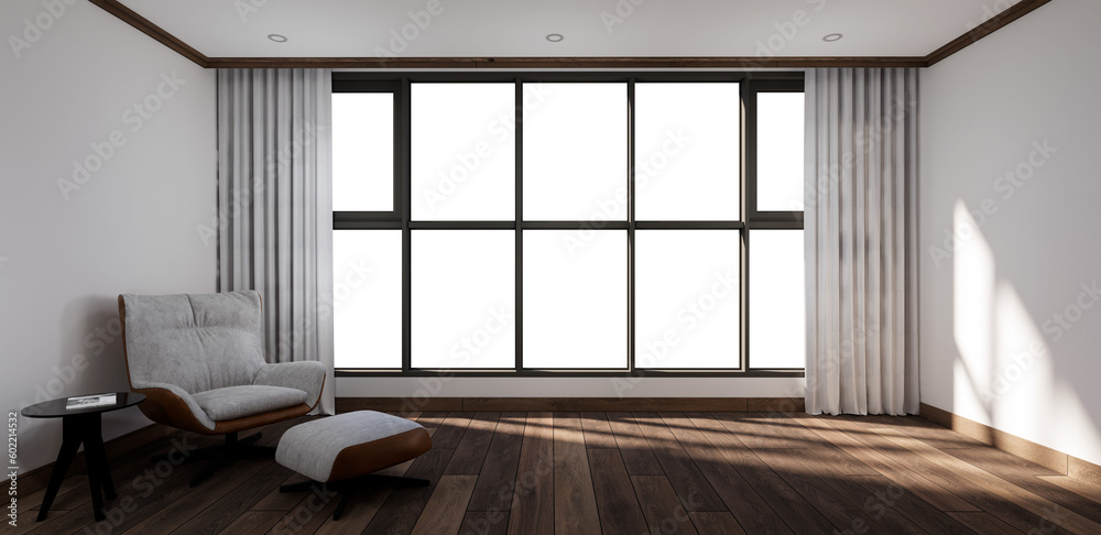 window, room has a armchair and a wooden side table. And the balcony ...