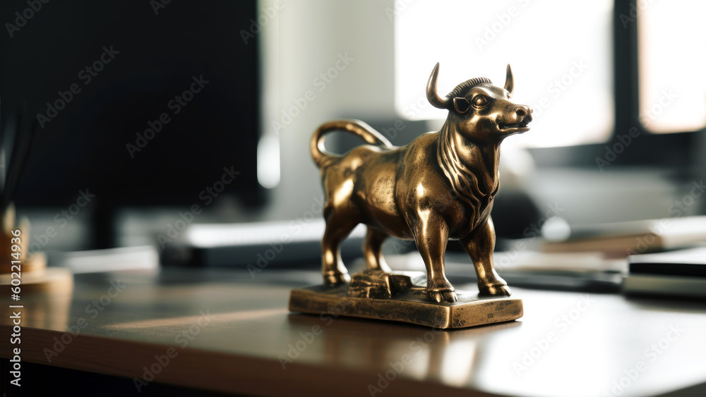 Small golden bull statue on work desk. Symbol of bull market ...