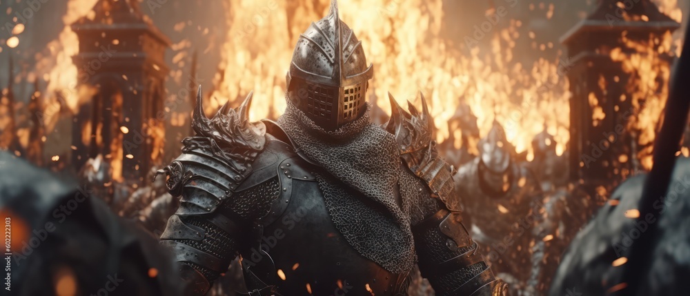 A black flaming chaos knight. Knight in armor, surround by fire ...