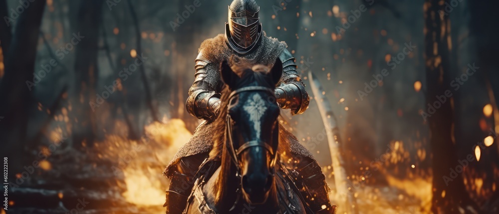 A black flaming chaos knight. Knight in armor, surround by fire ...