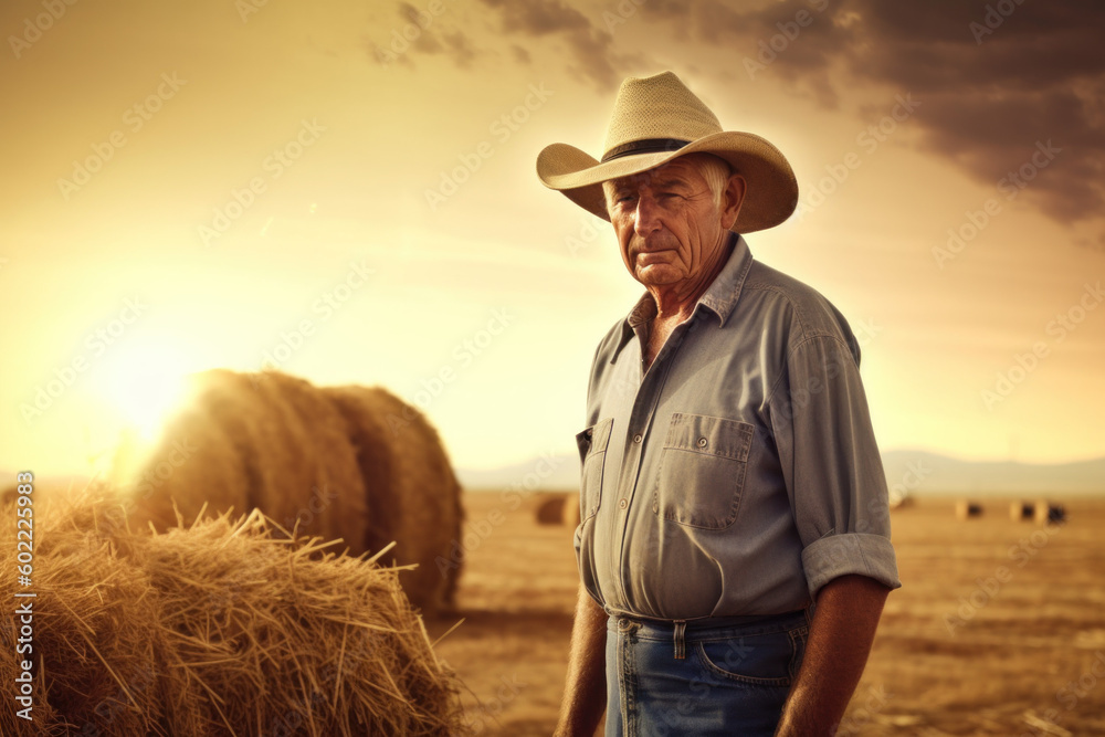 Elderly Farmer Contemplating & Reflecting Over Vast Haystack Landscape ...